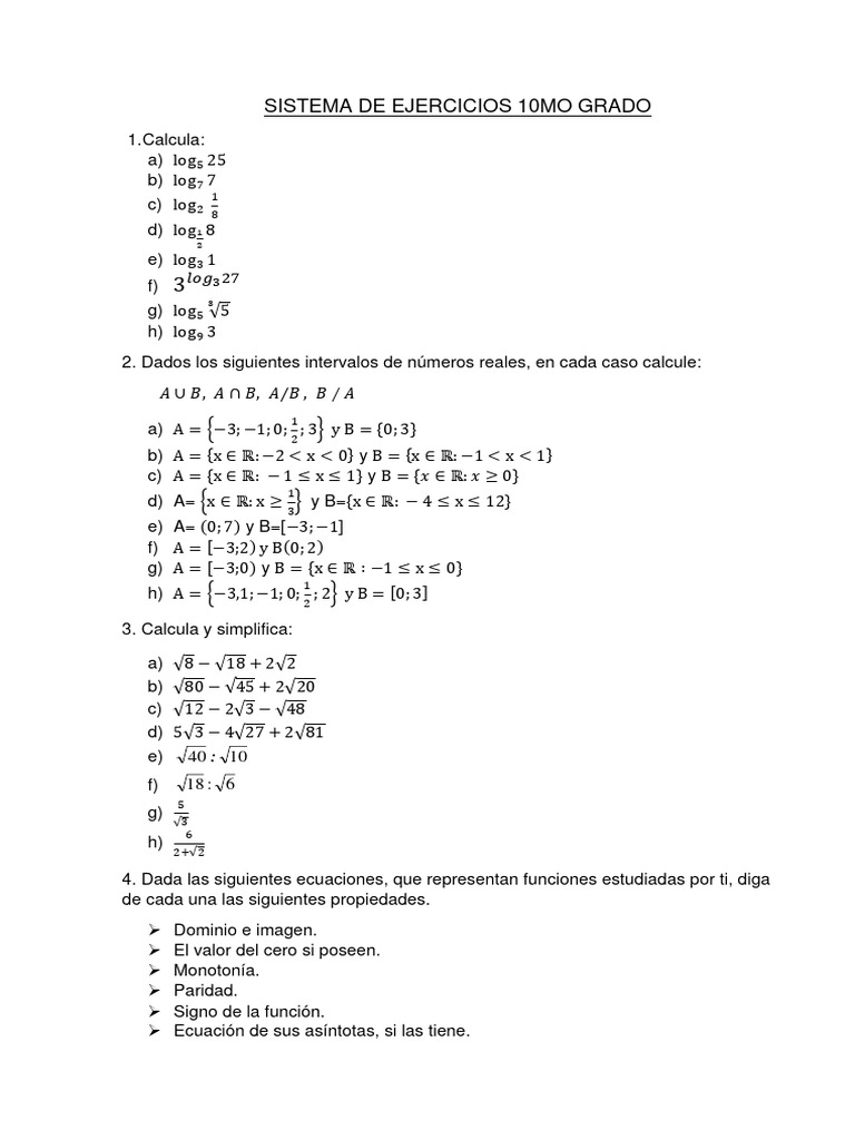 Sistema de Ejercicios 10mo Grado. | PDF | Matemáticas | Análisis matemático