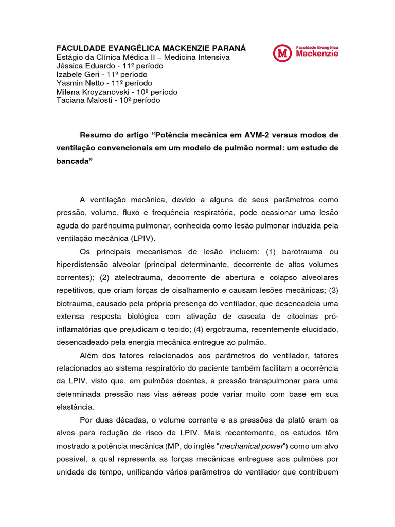Resumo Artigo Mechanial Power in AVM-2 Versus Conventional Ventilation ...