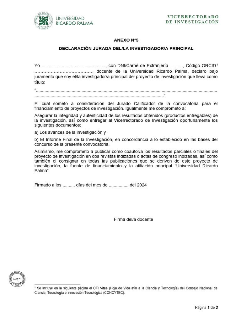 anexo-n5-declaracion-jurada-investigador-principal-2024-urp | PDF