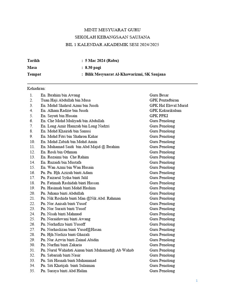 Minit Mesyuarat Guru Bil 1 2024 2025 | PDF