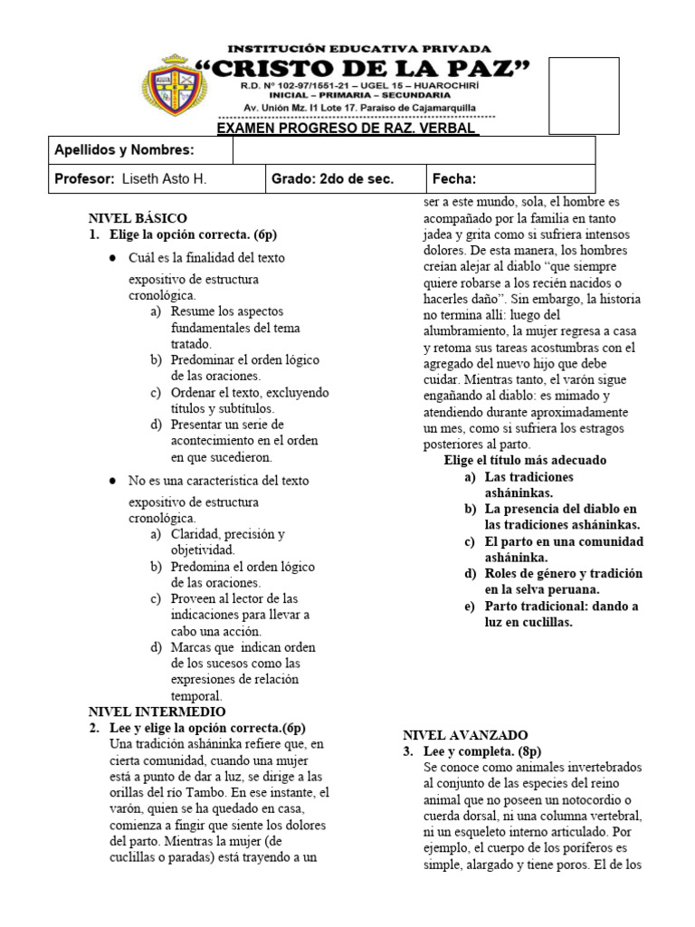 Examen de Progreso de Raz. Verbal 2do Sec. | PDF | Zoología