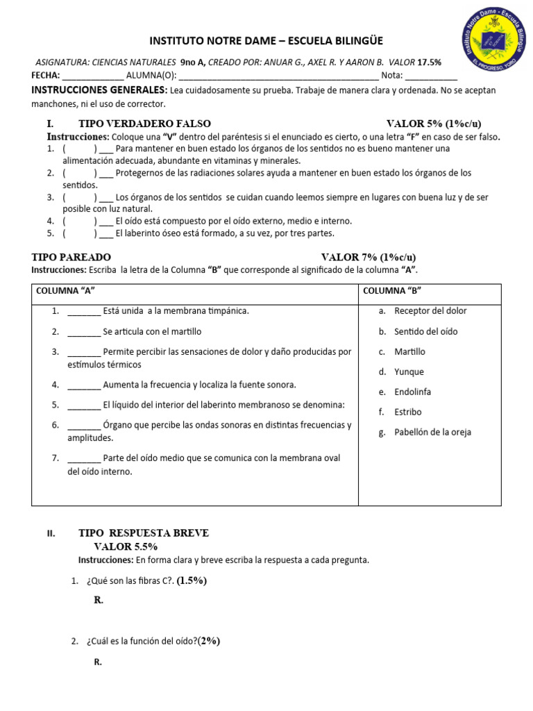 Formato de Examen | Descargar gratis PDF | Oído | Sentidos