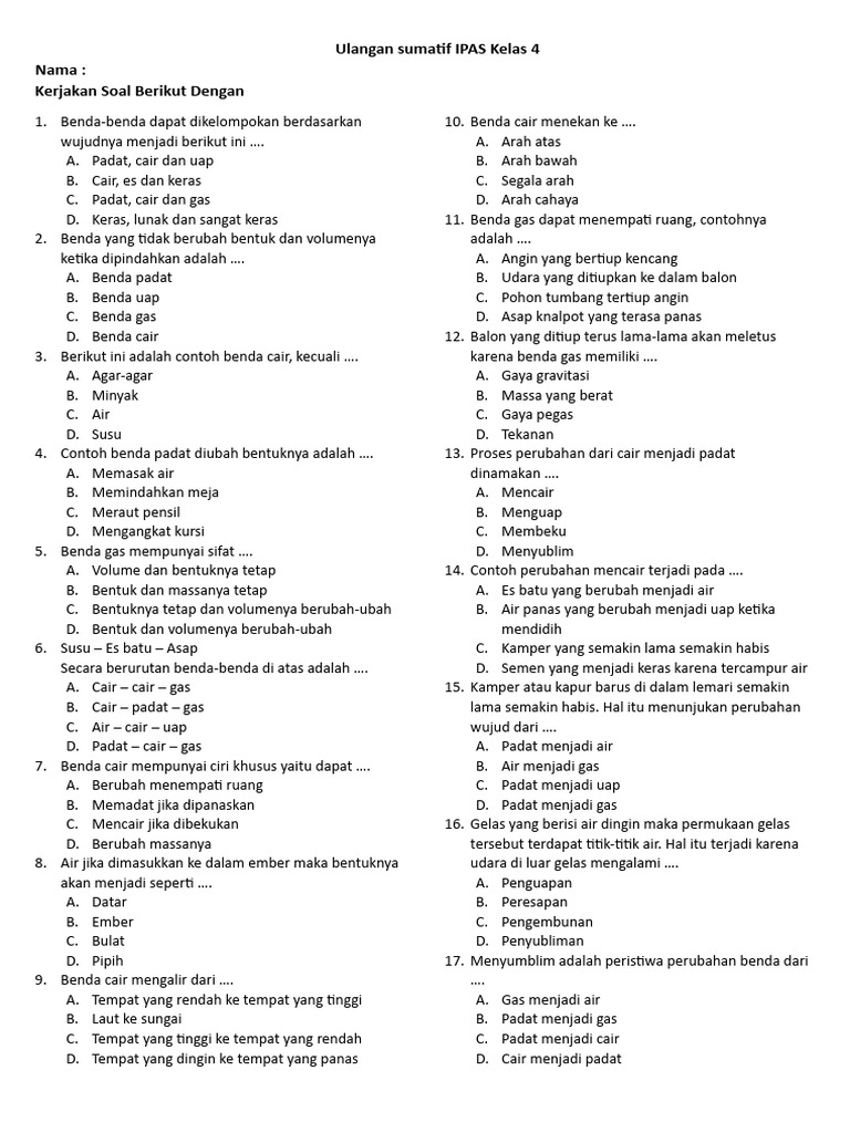 Ulangan Sumatif IPAS Kelas 4 | PDF