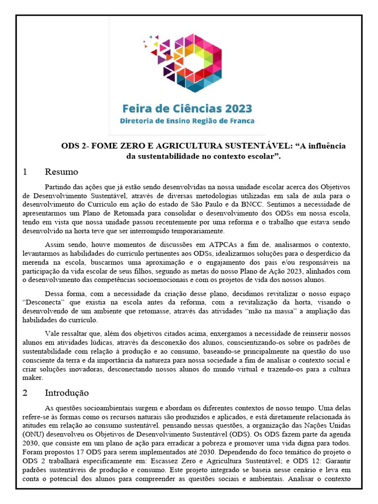 Projeto Feira de Ciencias ODS 2 - Fome Zero e Agricultura Sustentável ...