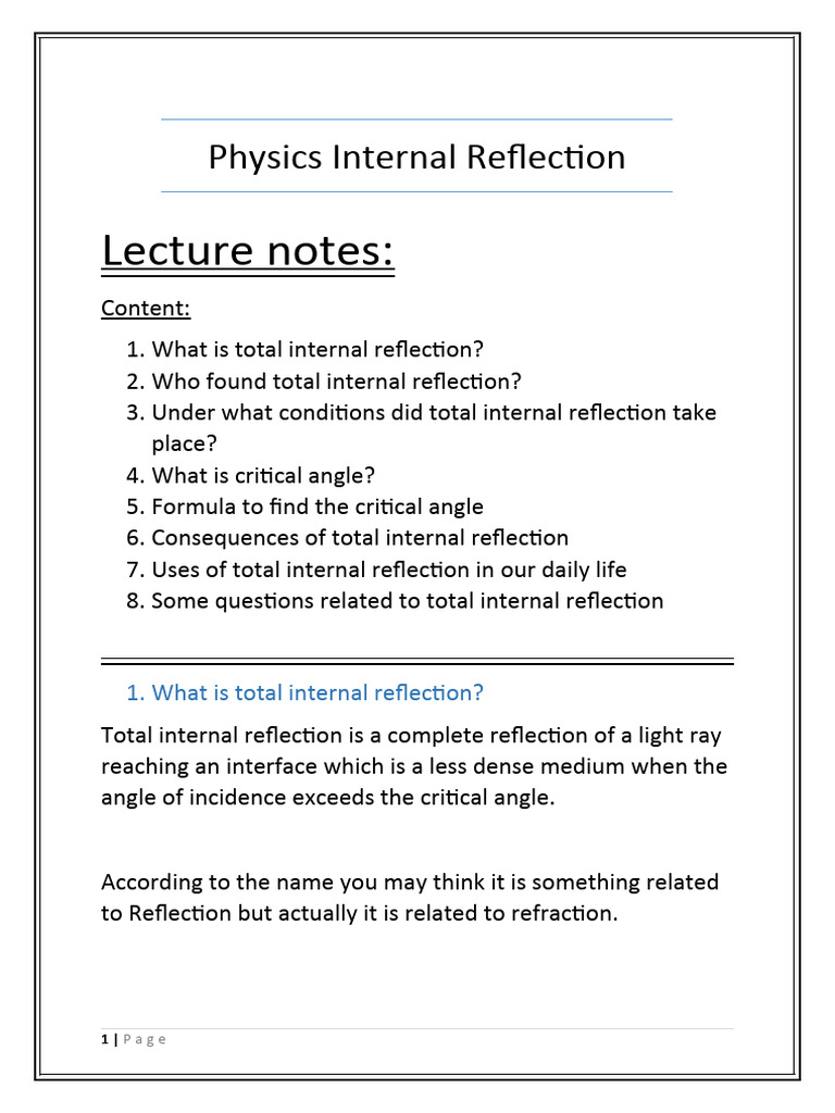 Lecture Notes of Total Internal Reflection | PDF | Reflection (Physics ...