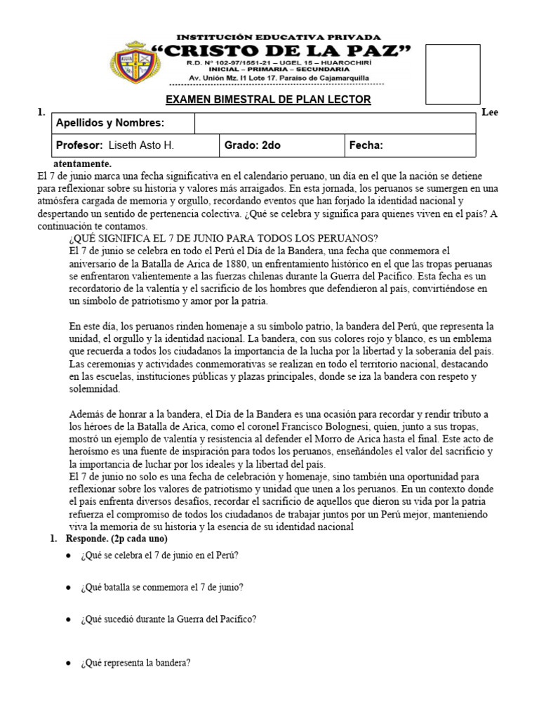 Examen Parcial de Plan Lector de 2do de Sec | PDF | Perú | Bandera