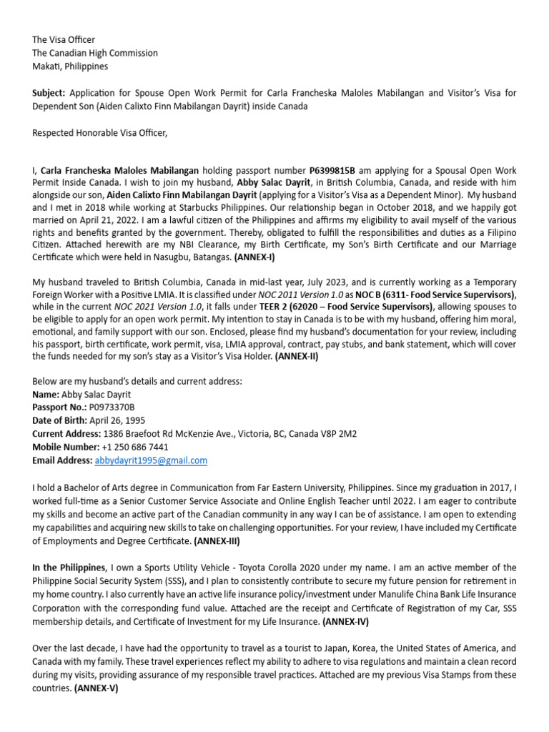 Mabilangan, Carla Francheska - Letter of Explanation | PDF | Travel Visa