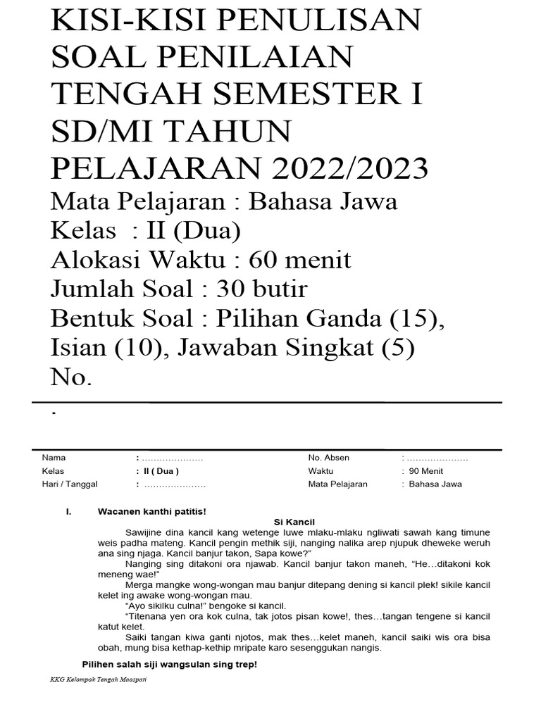 Soal Pas Dan Kisi BHS Jawa Kelas 2 - 2023 | PDF