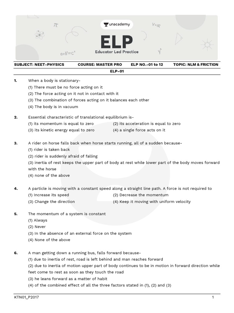 ELP-1 To 12 KTN01-P2017 1690908683722 | PDF | Force | Momentum