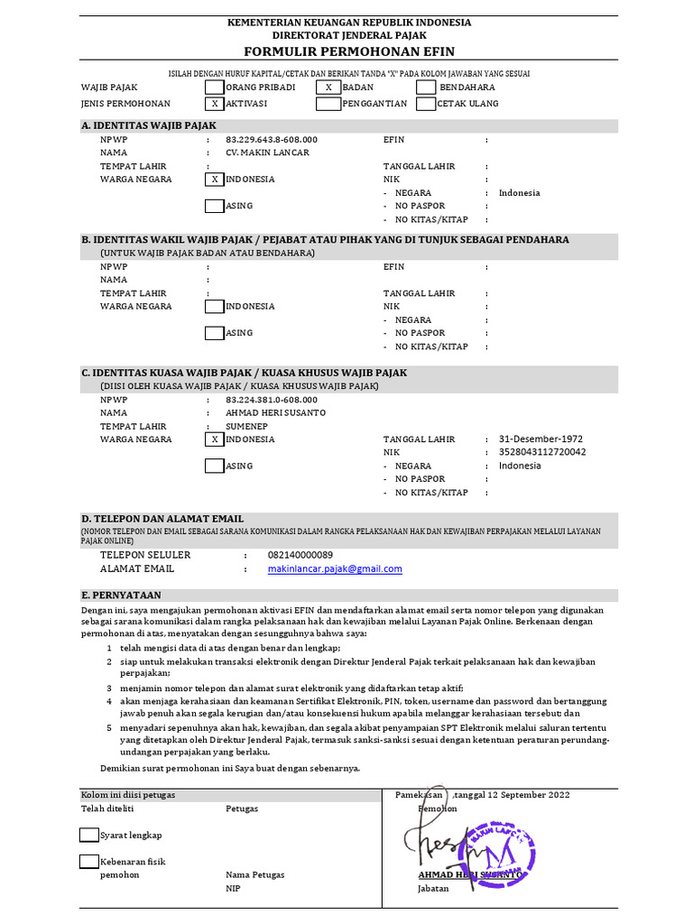 Form Permohonan Efin CV. MAKIN LANCAR | PDF