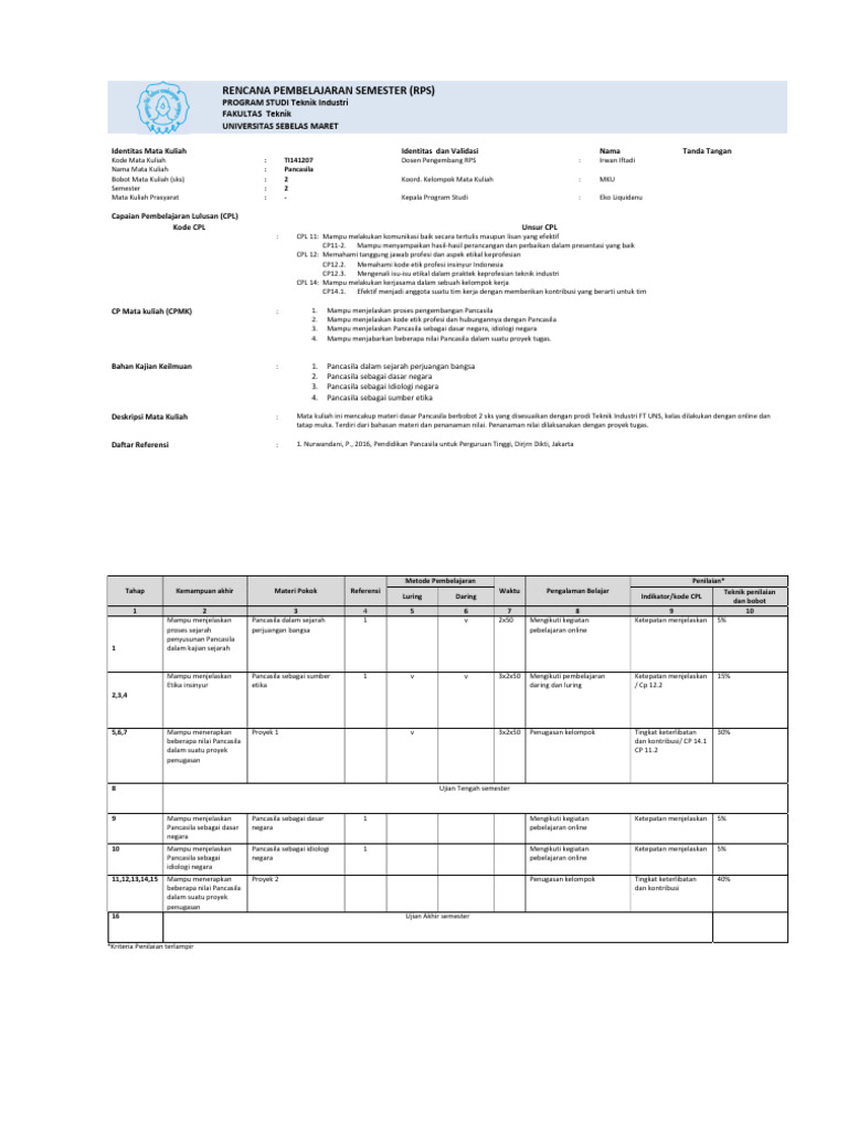 RPS Baru Pancasila | PDF
