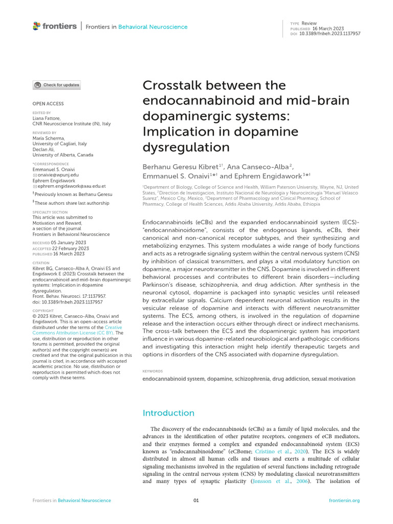 Crosstalk Between The Endocannabinoid and Mid-Brain Dopaminergic ...