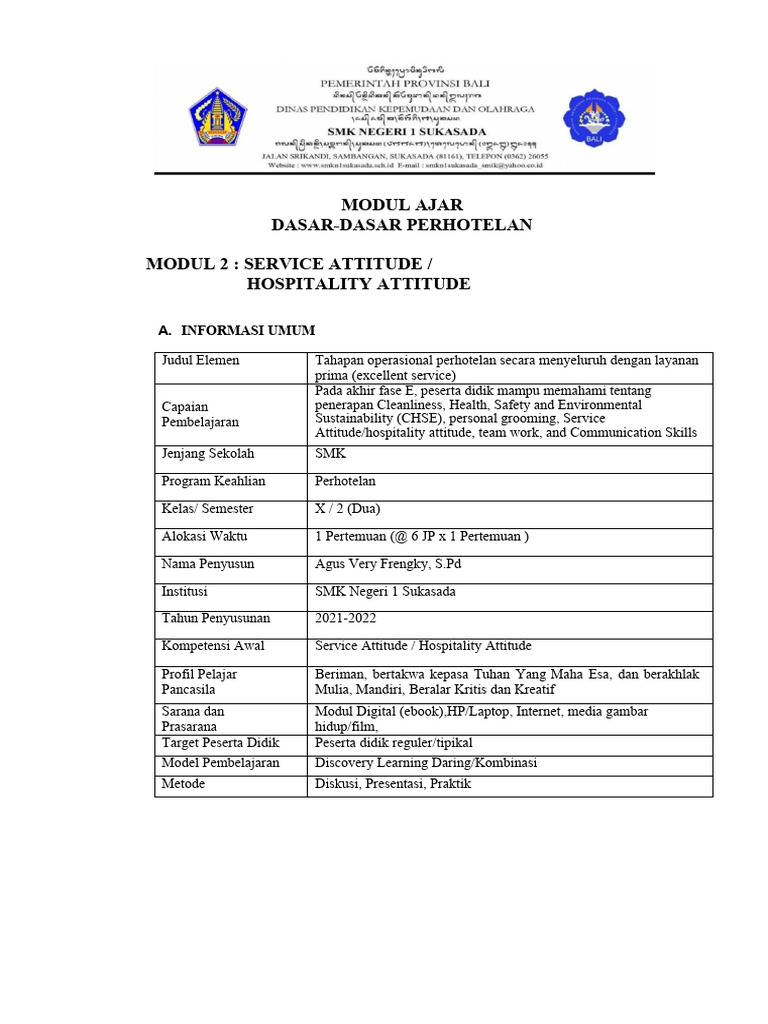 Modul Ajar Dasar Dasar Perhotelan Modul 2 Service Attitude | PDF