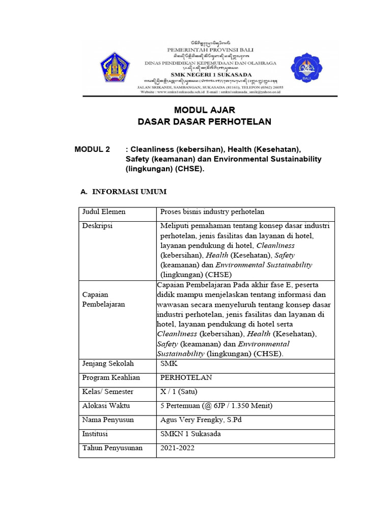 MODUL AJAR DASAR-DASAR PERHOTELAN MODUL 2 DASAR DASAR PERHOTELAN, CHSE | PDF