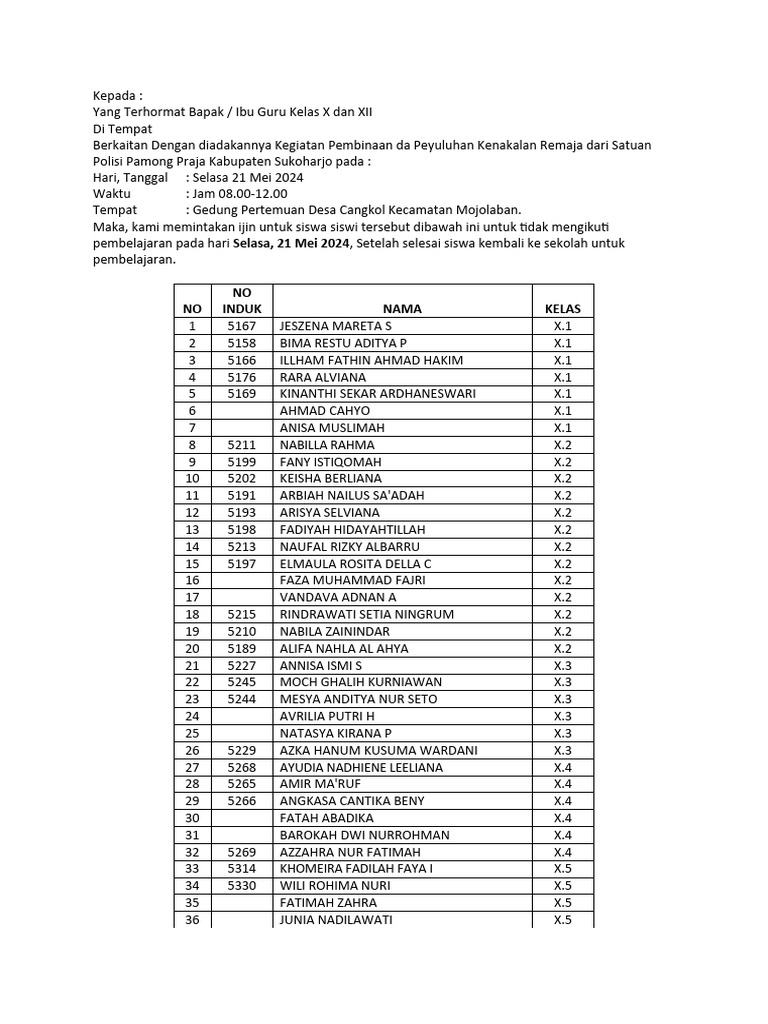 Izin Kegiatan Pembinaan Siswa 21 Mei | PDF