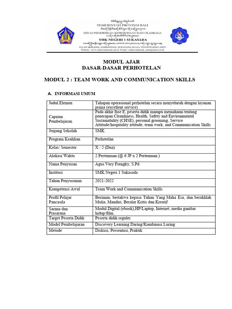 MODUL AJAR DASAR-DASAR PERHOTELAN TEAM WORK AND COMMUNICATION SKILL | PDF