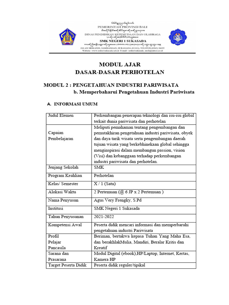 Modul Ajar Dasar-Dasar Perhotelan, Modul 2, Pengetahuan Industri Pariwisata (B) | PDF | Karier ...