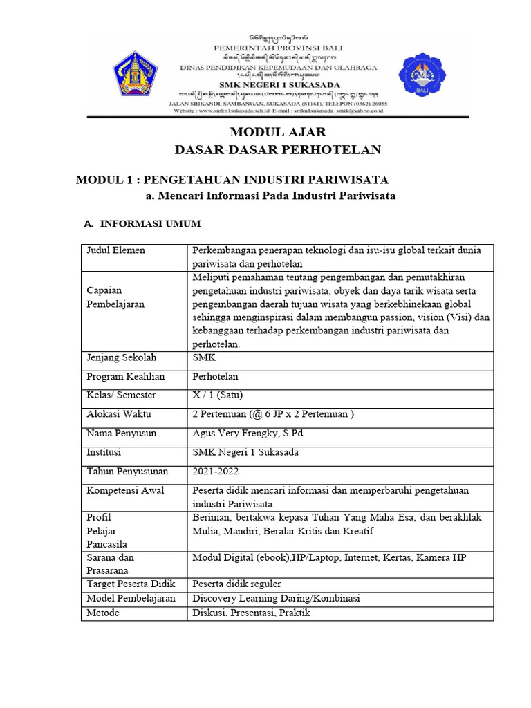 MODUL AJAR DASAR-DASAR PERHOTELAN, MODUL 1, PENGETAHUAN INDUSTRI ... MODUL AJAR DASAR-DASAR PERHOTELAN, MODUL 1, PENGETAHUAN INDUSTRI ...