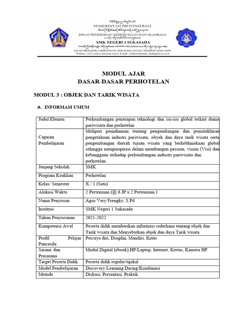 Modul Ajar Dasar-Dasar Perhotelan, Modul 3, Objek Dan Tarik Wisata (A) | PDF