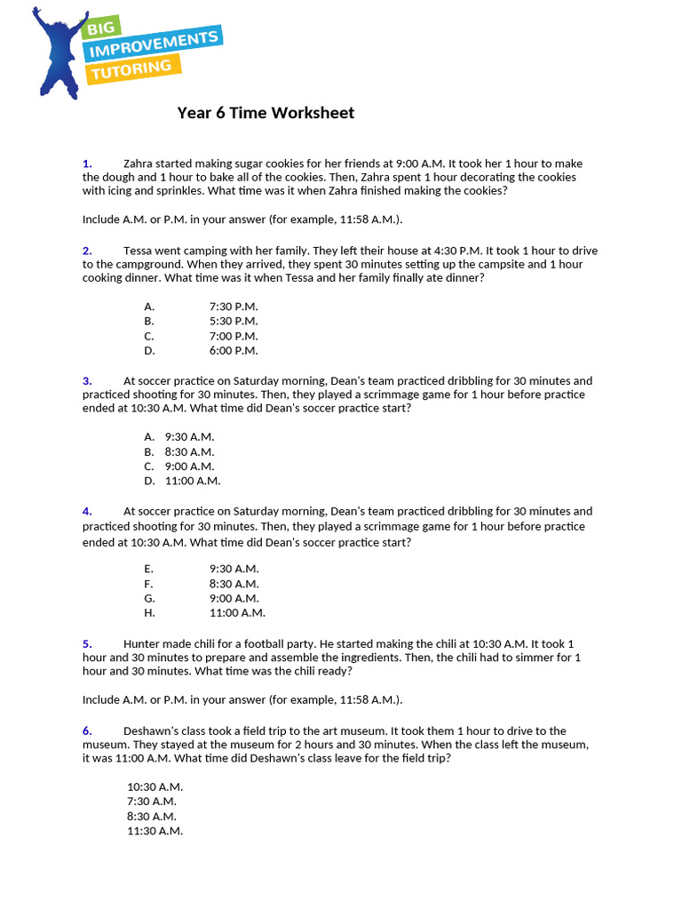 Year 6 Time Worksheet | Download Free PDF | Foods | Desserts