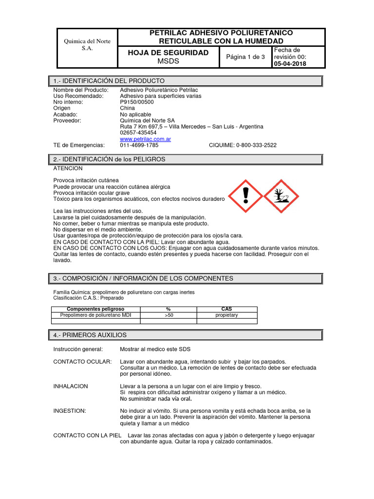 Adhesivo Poliuretanico Reticulable Pdf Agua Química