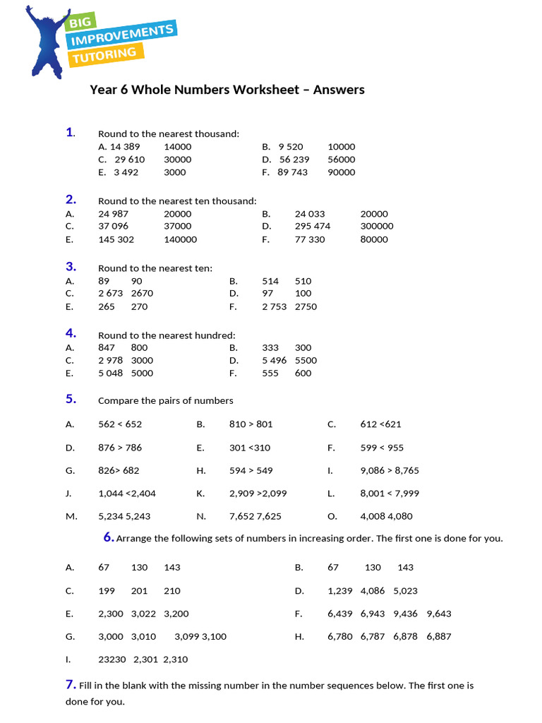 Year 6 Whole Numbers Worksheet - ANSWERS | PDF