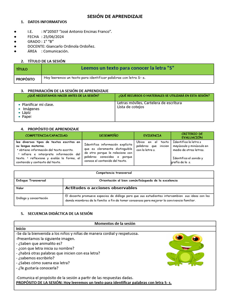 SESIÓN DE APRENDIZAJE Leemos Un Texto para Conocer La Letra "S" | Descargar gratis PDF ...