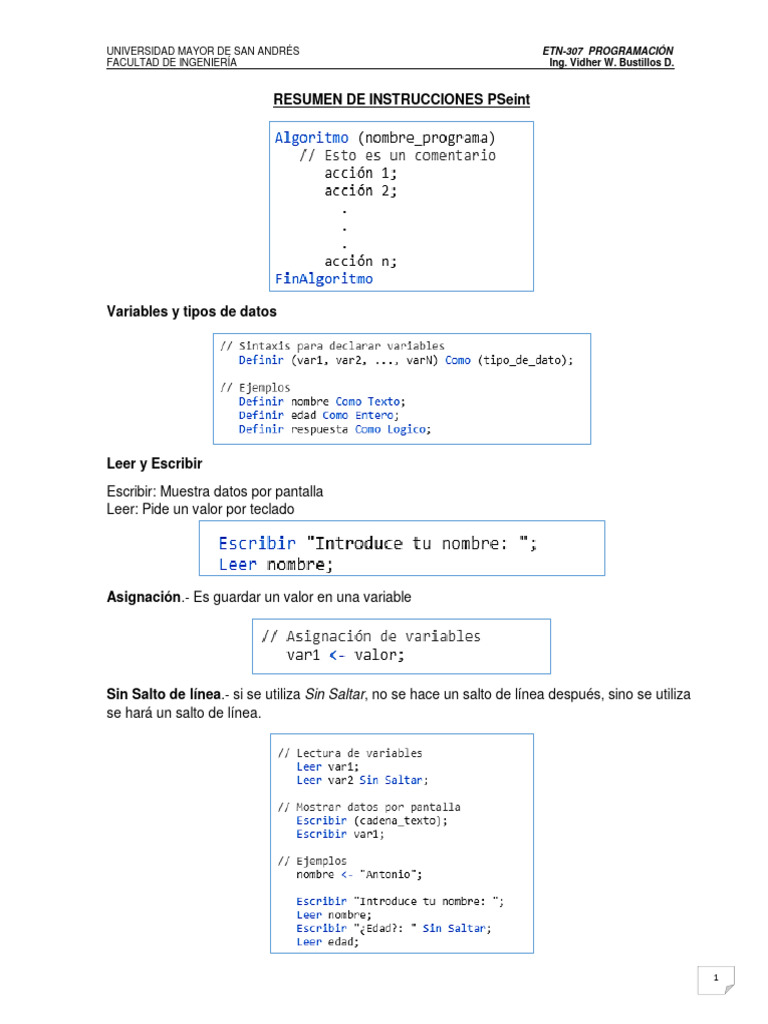 RESUMEN DE INSTRUCCIONES PSeint | PDF | Programación de computadoras | Informática