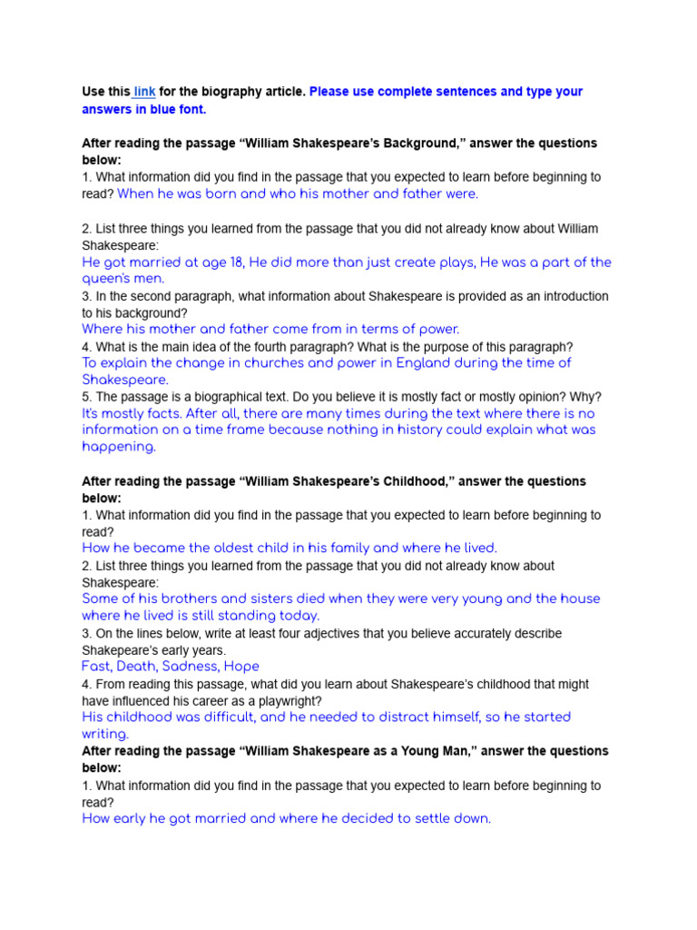 Copy of Questions For William Shakespeare's Biography | PDF | William ...