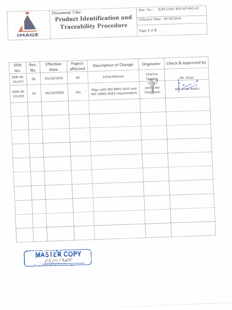 ILPI-LOG-WH-SP-002-01 - Product Identification and Traceability Procedure | PDF