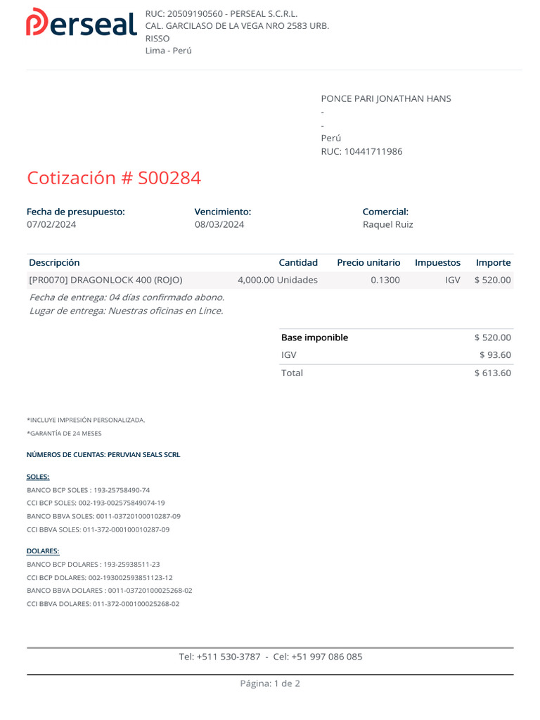 Cotización # S00284: Ponce Pari Jonathan Hans - Perú RUC: 10441711986 | PDF | Dinero | Economias