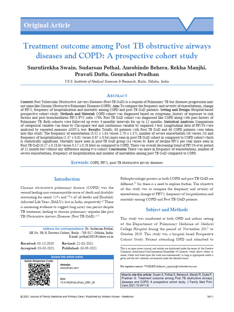 Treatment Outcome Among Post TB Obstructive Airways Diseases and COPD ...