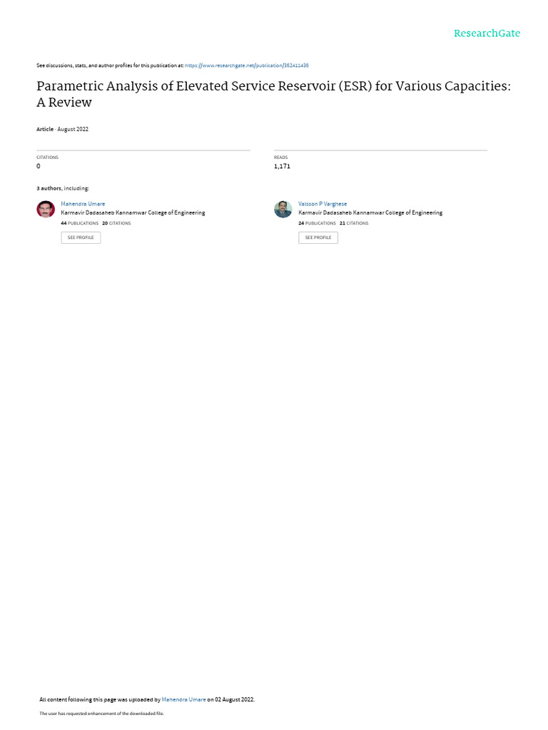 Parametric Analysis of Elevated Service Reservoir (ESR) For Various ...