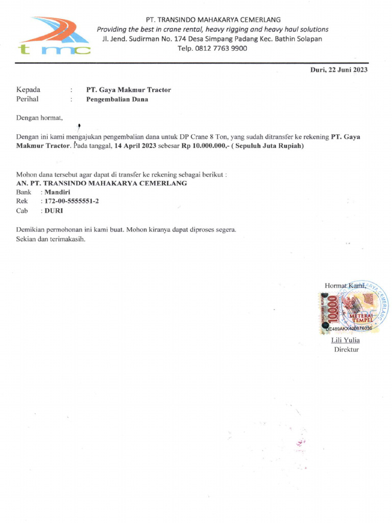 Surat Permohonan Pengembalian Dana | PDF