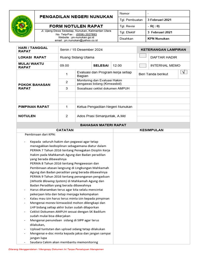 Notulen Rapat Bulanan Januari 2024 | PDF