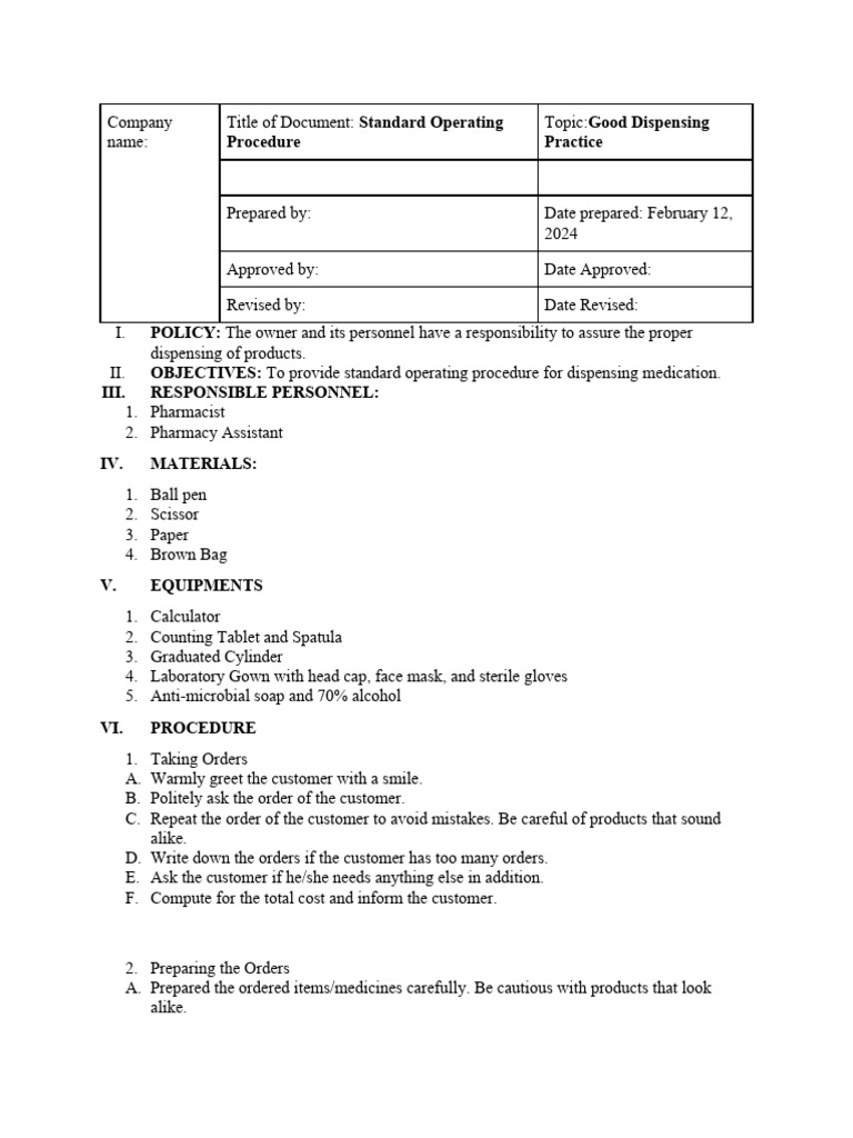 Good Dispensing Practice SOP | PDF | Over The Counter Drug | Medical ...