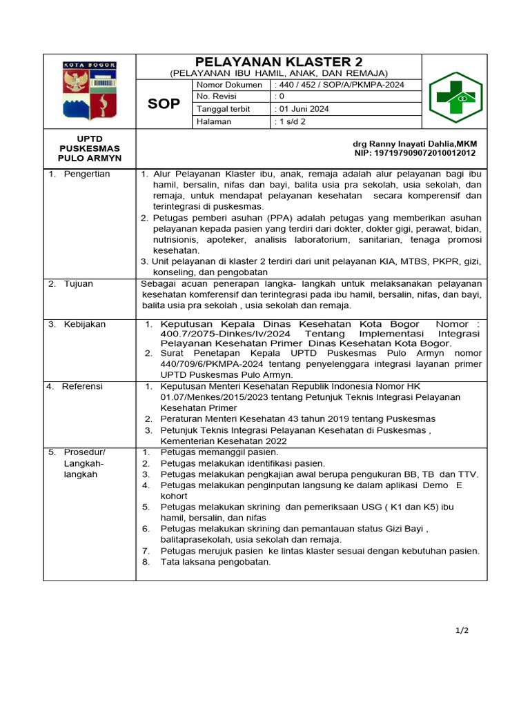 Sop - Pelayanan Klaster 2 (Pelayanan Ibu Hamil, Anak, Dan Remaja) | PDF