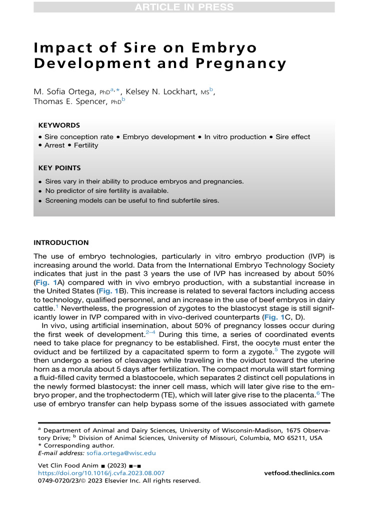 Impactofsireonembryo Developmentandpregnancy: M. Sofia Ortega,, Kelsey ...