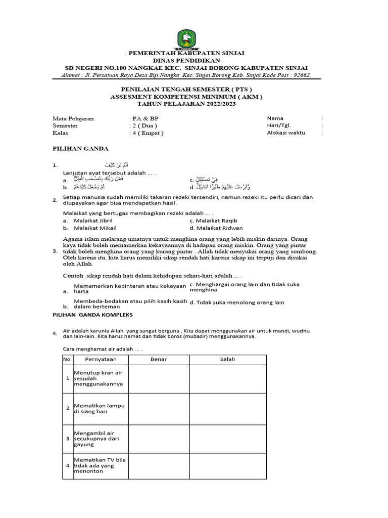 Soal PTS Pai KLS 4 | PDF