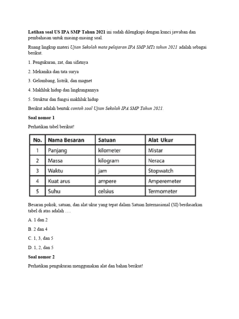 Latihan Soal US IPA SMP Tahun 2021 | PDF