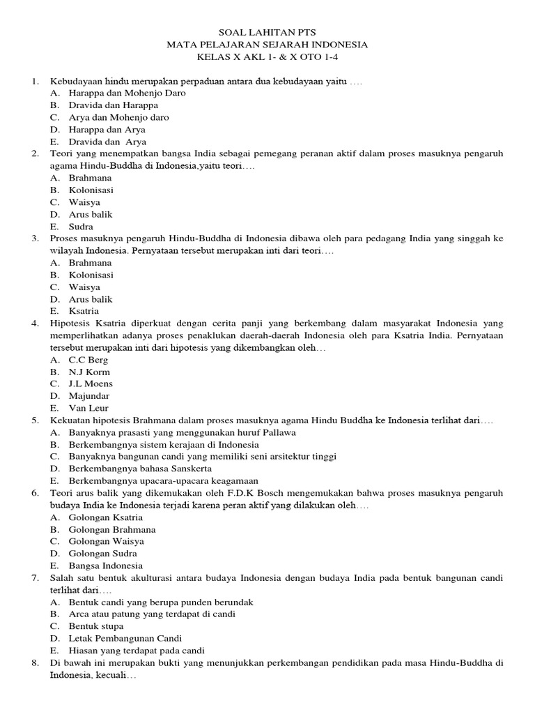 Soal Latihan PTS Ii Sejarah Indonesia X (SMKN 1 PML) | PDF