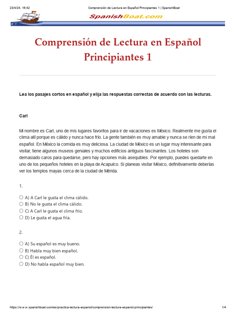 Comprensión de Lectura en Español Principiantes 1 - SpanishBoat | PDF ...