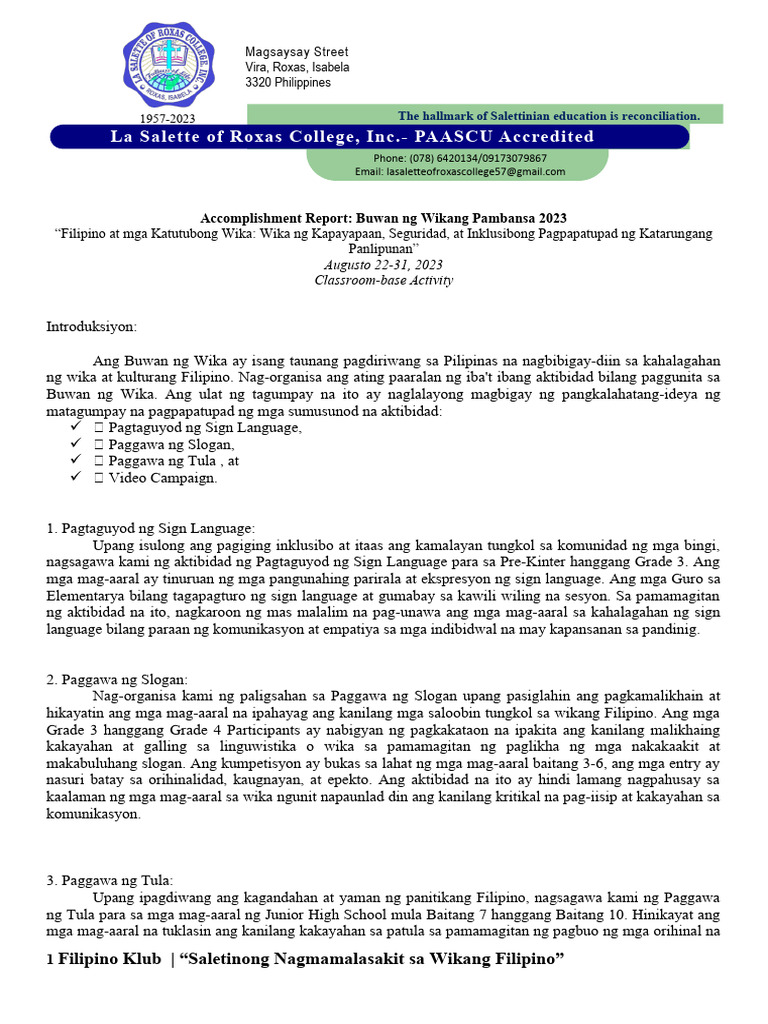 ACCOMPLISHMENT REPORT - Tagalog | PDF