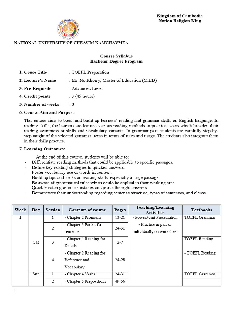 Course Syllabus TOEFL Preparation | PDF | Linguistics | Grammar