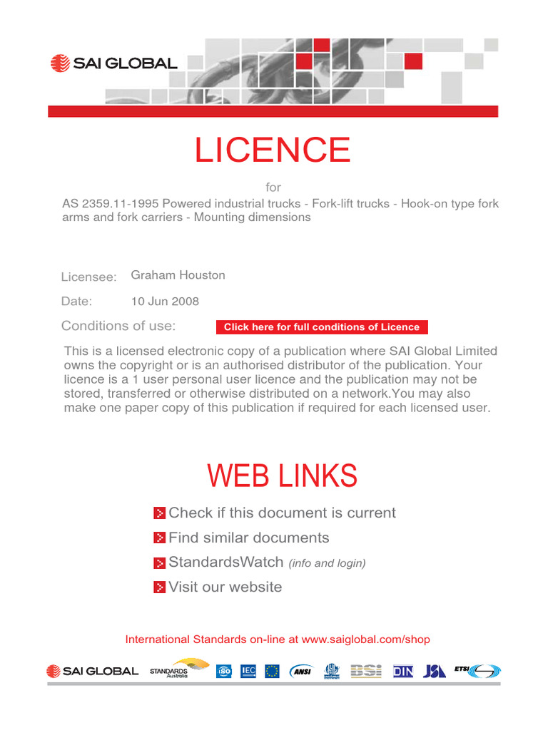 As 2359.11 1995 (ISO 2328 1993) - Power Industrial Trucks - Part 11. Forklift Trucks - Hook-On ...