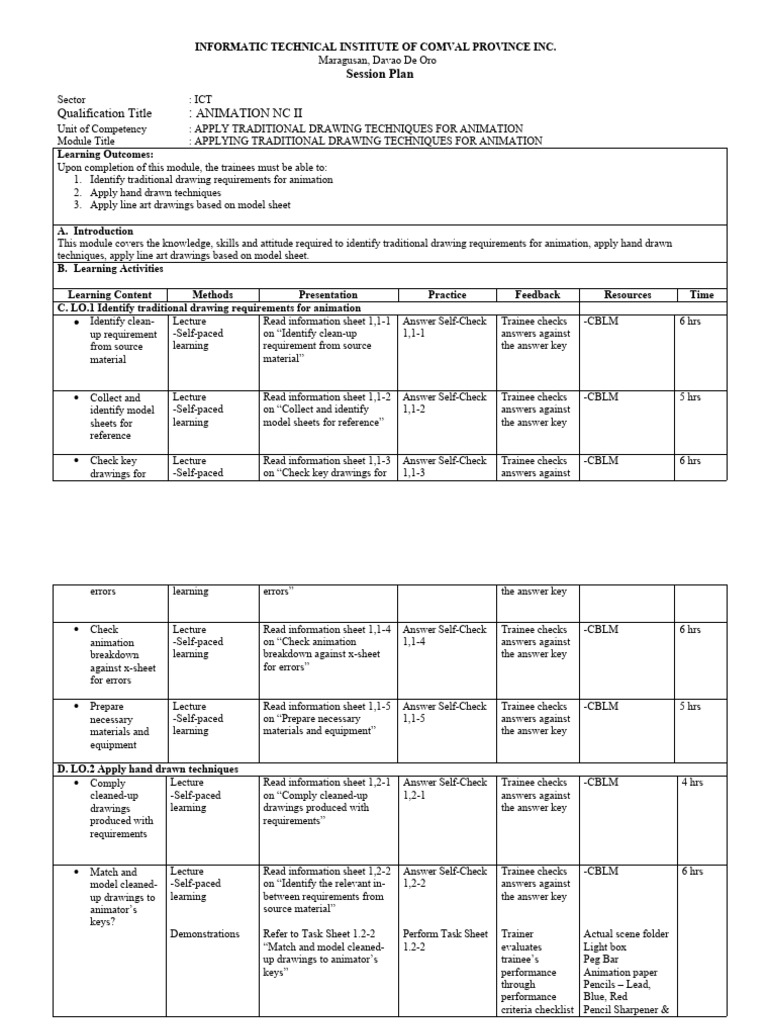 Animation NC II Session Plan | PDF | Drawing | Pencil