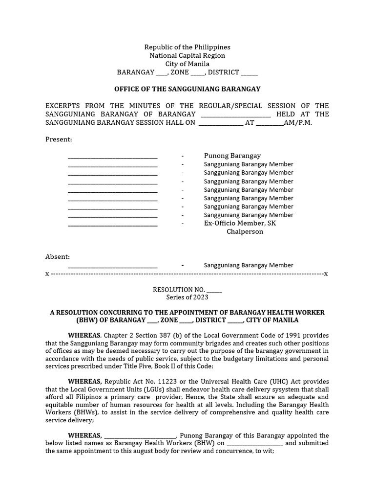 4.2 2 Resolution On The Appointment of Barangay Health Worker | PDF ...
