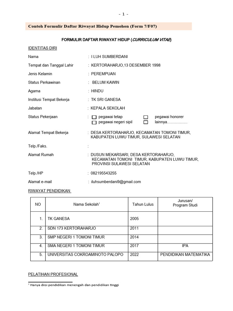 Formulir Daftar Riwayat Hidup Pemohon 0 | PDF