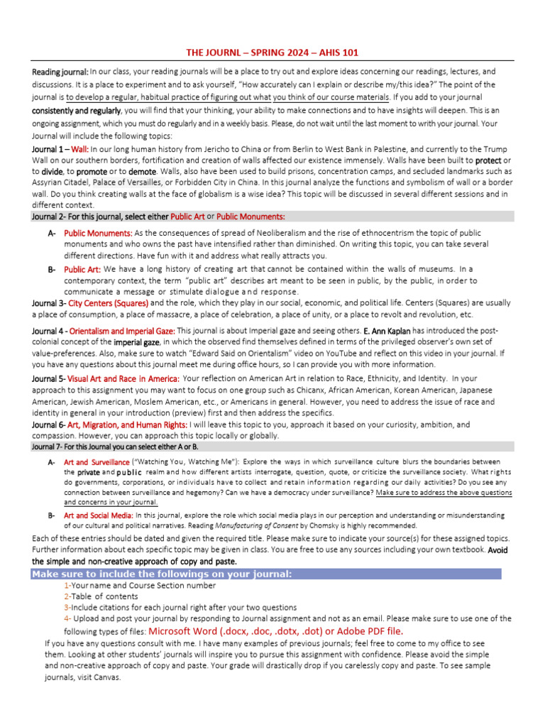 AHIS 101 Journal Spring 24 | PDF | Race (Human Categorization) | Citation