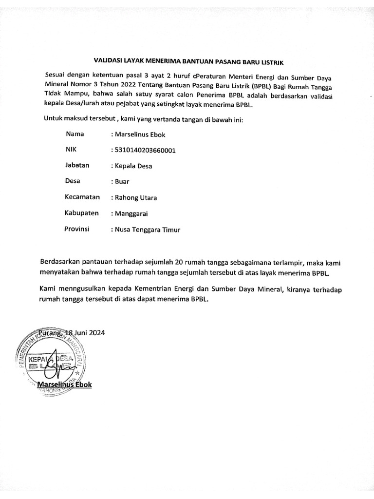 Surat Validasi Layak Menerima Bantuan Pasang Baru Listrik Desa Buar | PDF